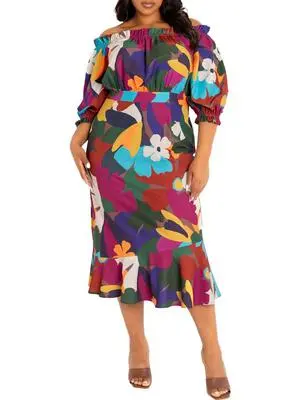 BUXOM COUTURE Floral Fit & Flare Off-the-shoulder Dress - Brown Multi