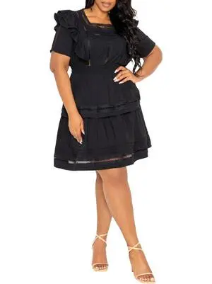 BUXOM COUTURE Tiered Ruffle Lace Trim Mini Dress - Black