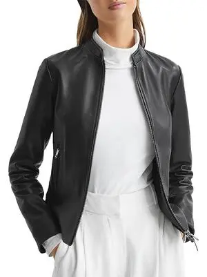 REISS Allie Leather Biker Jacket - Black