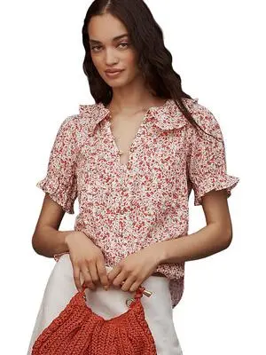 PILCRO Keira Blouse With Peter Pan Collar And Ruffle Trim - Red