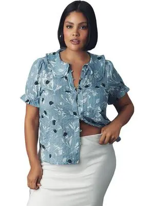 PILCRO Keira Blouse With Peter Pan Collar And Ruffled Trim - Sky