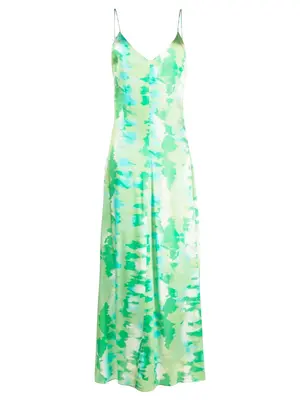 GANNI Watercolour-print Slip Dress - Green