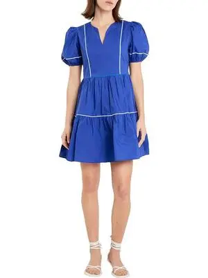 English Factory Tiered Cotton Dress With Puff Sleeves And Piping - Navy Multi