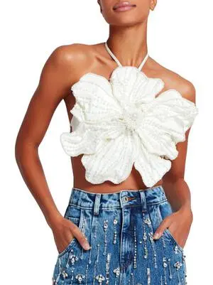 PatBO Hand-beaded Flower Halter Top - White