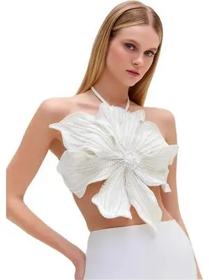 PatBO Hand-beaded Flower Halter Top - White