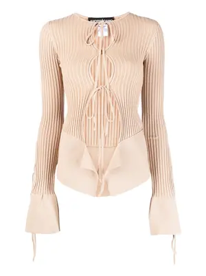 ANDREĀDAMO Tie-fastening Long-sleeve Knitted Top - Neutrals