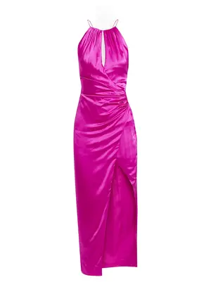 NICHOLAS Ruched Cutout Silk-satin Midi Dress - Bright Pink