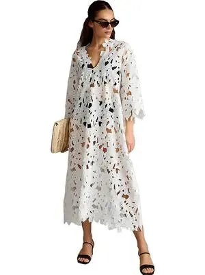 Anthropologie Floral Eyelet Kaftan - Ivory