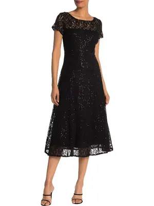 SL FASHIONS Sequin Lace Midi Fit & Flare Dress - Blk