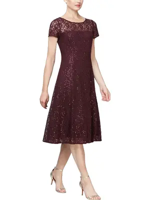 SL FASHIONS Sequin Lace Midi Fit & Flare Dress - Fig