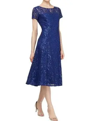 SL FASHIONS Sequin Lace Midi Fit & Flare Dress - Irs