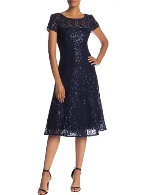 SL FASHIONS Sequin Lace Midi Fit & Flare Dress - Navy