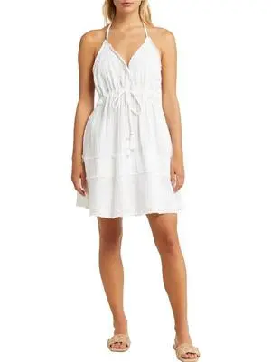 Elan Raw Edge Halter Cotton Cover-up Dress - White