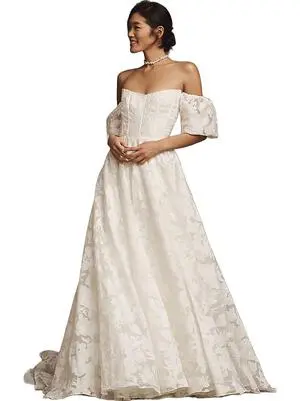Jenny Yoo Off-the-shoulder Floral Lace Ball-skirt Wedding Gown - Ivory