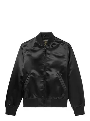 Golden Bear Sukajan Leather-trimmed Satin Bomber Jacket - Black