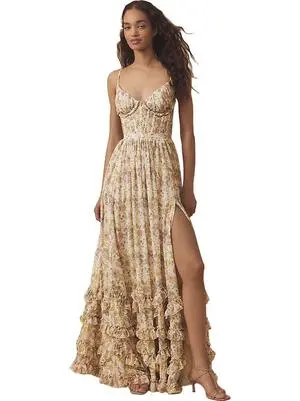 V. CHAPMAN Carmen Corset Ruffled Gown Pink Pattern