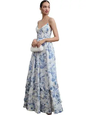 V. CHAPMAN Carmen Corset Front-slit Ruffled Gown - Provencal Blue Floral
