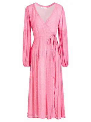 LoveShackFancy Bevelyn Polkadot Chiffon Midi Wrap Dress - Pink