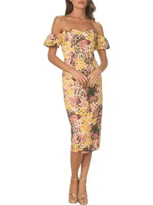 Dress The Population Dress The Population Tara Off-The-Shoulder Midi Dress Blush Multi