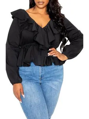 BUXOM COUTURE Ruffle Peplum Blouse - Black