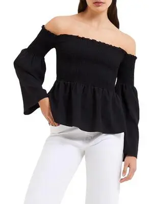 French Connection Smocked Off-the-Shoulder Blouse 01-black