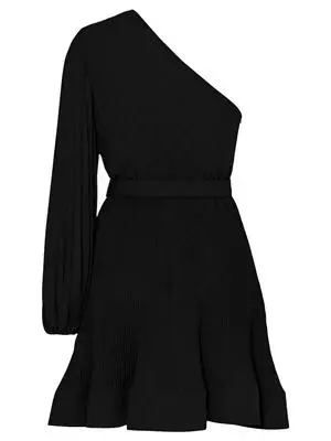 MILLY Linden Pleated One-shoulder Flounce Mini Dress - Black
