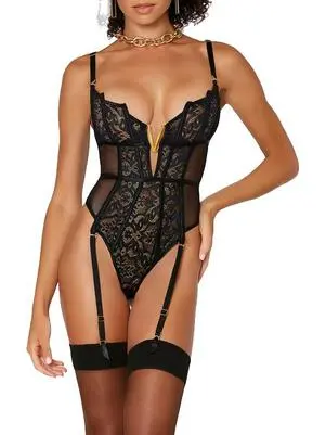 DREAMGIRL Fishnet Mesh & Lace Teddy With Garter Straps - Black