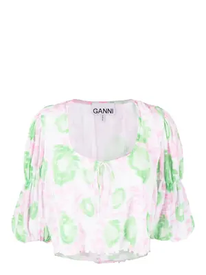 GANNI Floral-print Pleated Georgette Blouse - Pink
