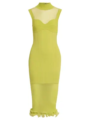 Herve Leger Layered Ribbed Tulle And Stretch-knit Midi Dress - Chartreuse