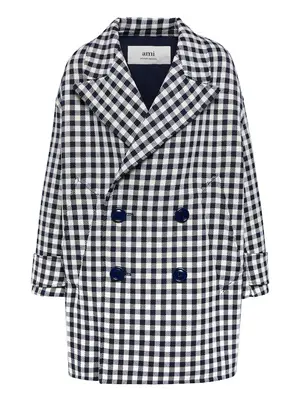 Ami Oversized Houndstooth Wool Coat - Blue