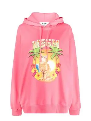 MSGM Graphic-print Cotton Hoodie - Pink
