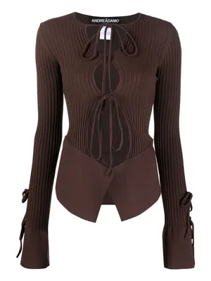 ANDREĀDAMO Tie-fastening Long-sleeve Knitted Top - Brown