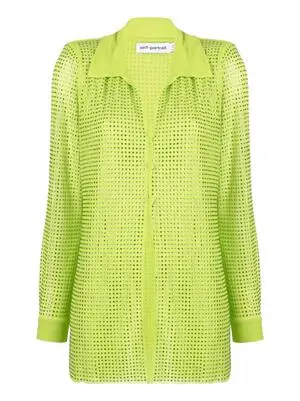 SELF-PORTRAIT Rhinestone-studded Mesh Shirt - Green