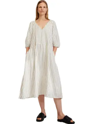 Everlane Linen Puff-Sleeve Midi Dress Black/canvas Tan