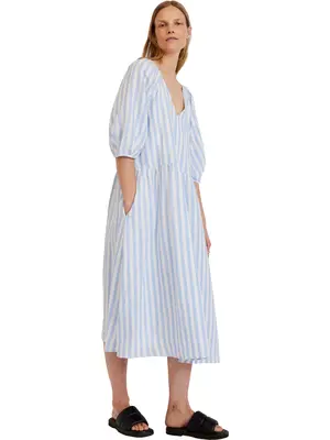 Everlane Linen Puff-Sleeve Midi Dress Blue/white