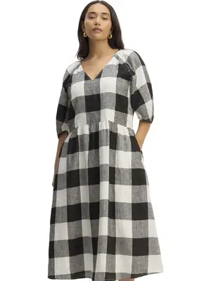 Everlane Linen Puff-Sleeve Midi Dress Bone White/black Check