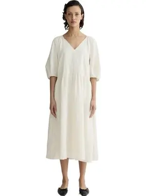 Everlane Linen Puff-Sleeve Midi Dress Bone
