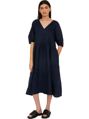 Everlane Linen Puff-Sleeve Midi Dress Navy