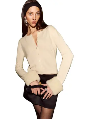 REFORMATION Clara Cashmere Crew Cardigan Cream Faux Fur Cuff
