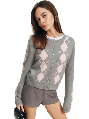 REFORMATION Clara Cashmere Crew Cardigan Husky Multi Argyle