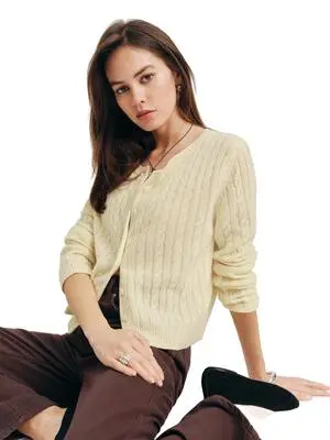 REFORMATION Clara Cashmere Crew Cardigan Lemon Icing Cable