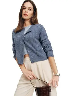 REFORMATION Clara Cashmere Crew Cardigan Slate Blue Cable