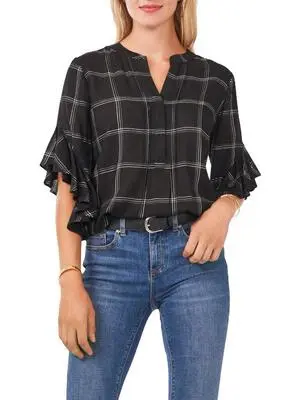 Vince Camuto Windowpane Ruffle Sleeve Popover Top - Rich Black
