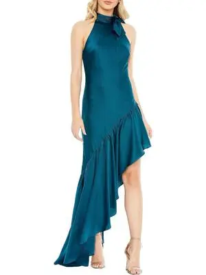 Mac Duggal Mac Asymmetric Ruffled Satin Gown - Teal