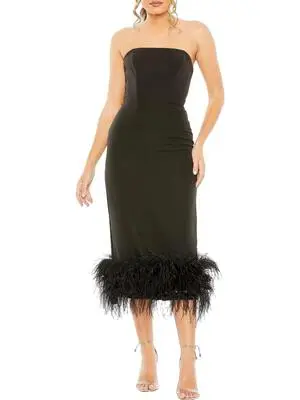 Mac Duggal Feather-trim Strapless Midi-dress - Black