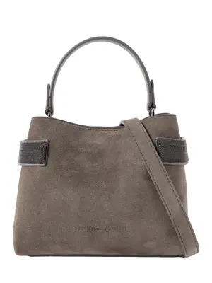 Brunello Cucinelli Bead-Embellished Suede Shoulder Bag Gray