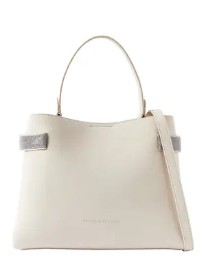 Brunello Cucinelli Bead-Embellished Suede Shoulder Bag Ivory