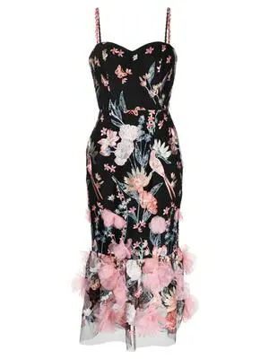Marchesa Butterfly And Floral Appliqué Midi Dress - Black