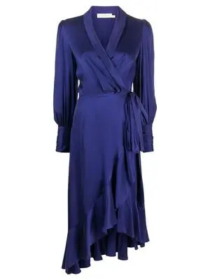 Zimmermann Ruffled Silk Wrap Midi Dress - Blue