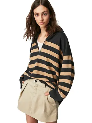 Free People Coastal Stripe Pullover Carbon Camel Combo